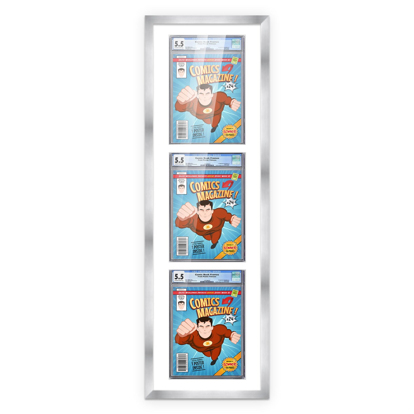 Comic Book Frame with Mat for 3 Graded Comics - Silver Wood Comic Frame ...