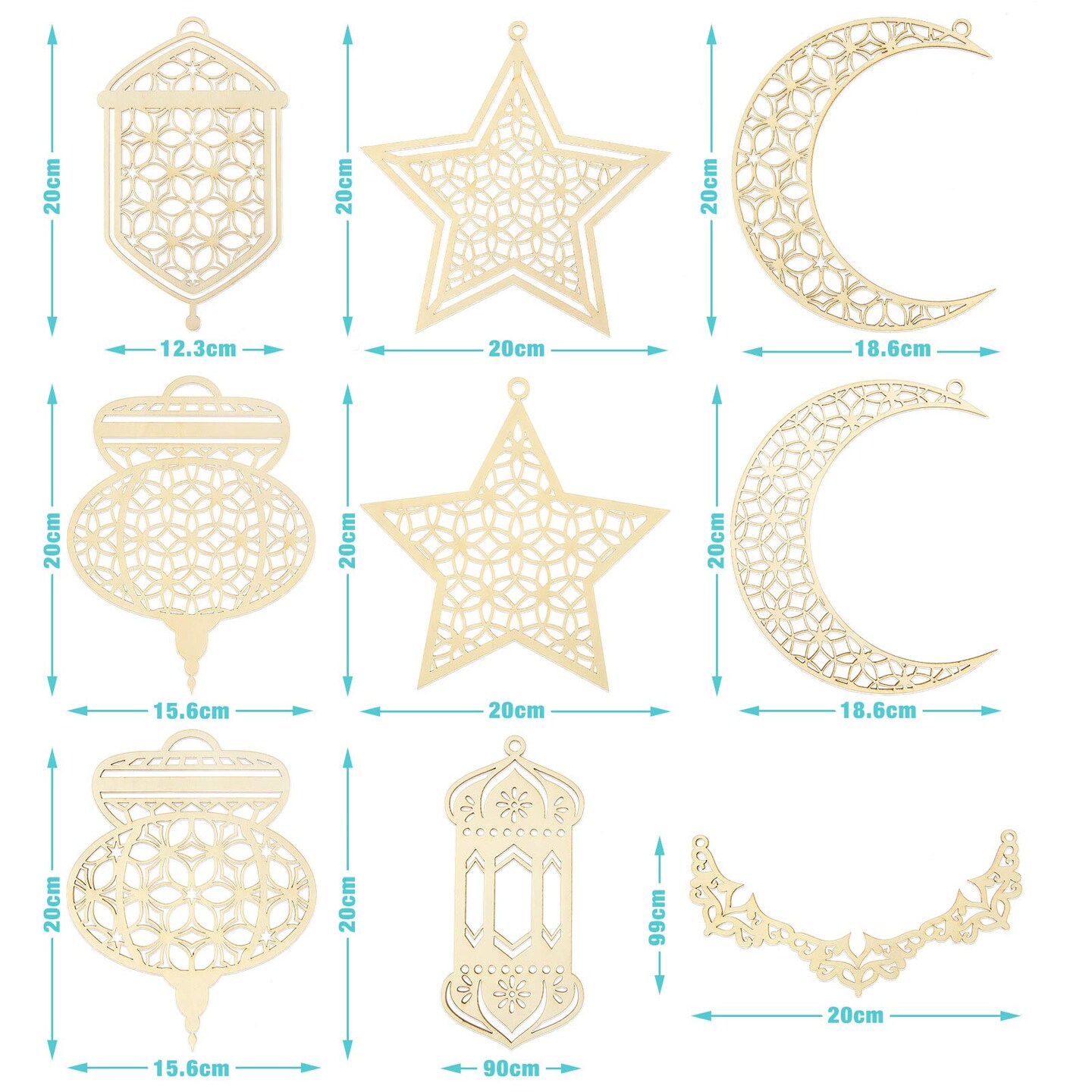 9 PCS Wooden Pendant Ornament Ramadan Kareem Hollow Decoration Moon ...