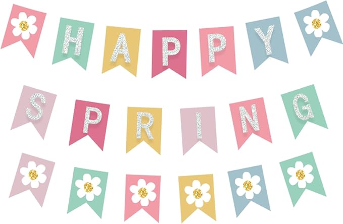 Happy Spring Banner Flower Banner Colorful Glittery Spring Flower ...