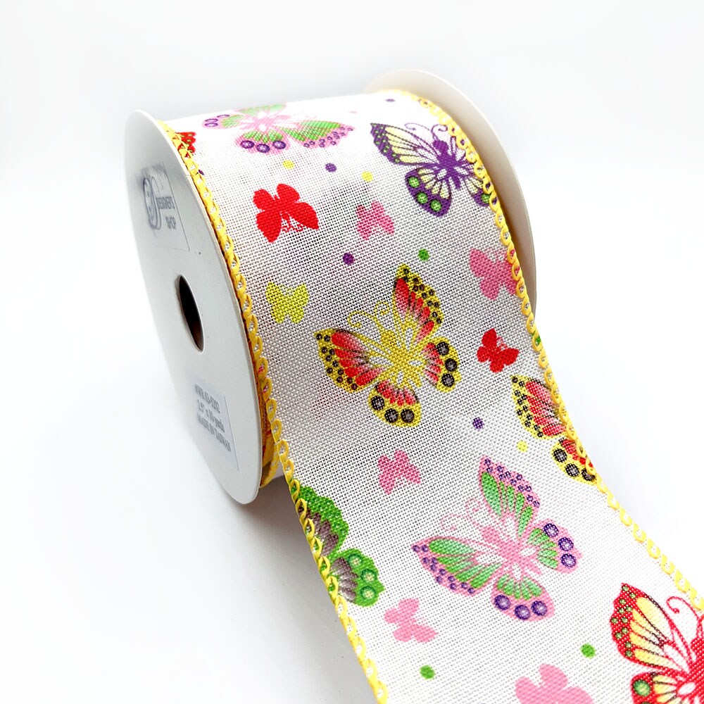 Designer's Shop WR 63-5202 Spring Summer Multi-colored butterflies on white burlap wired edge ...