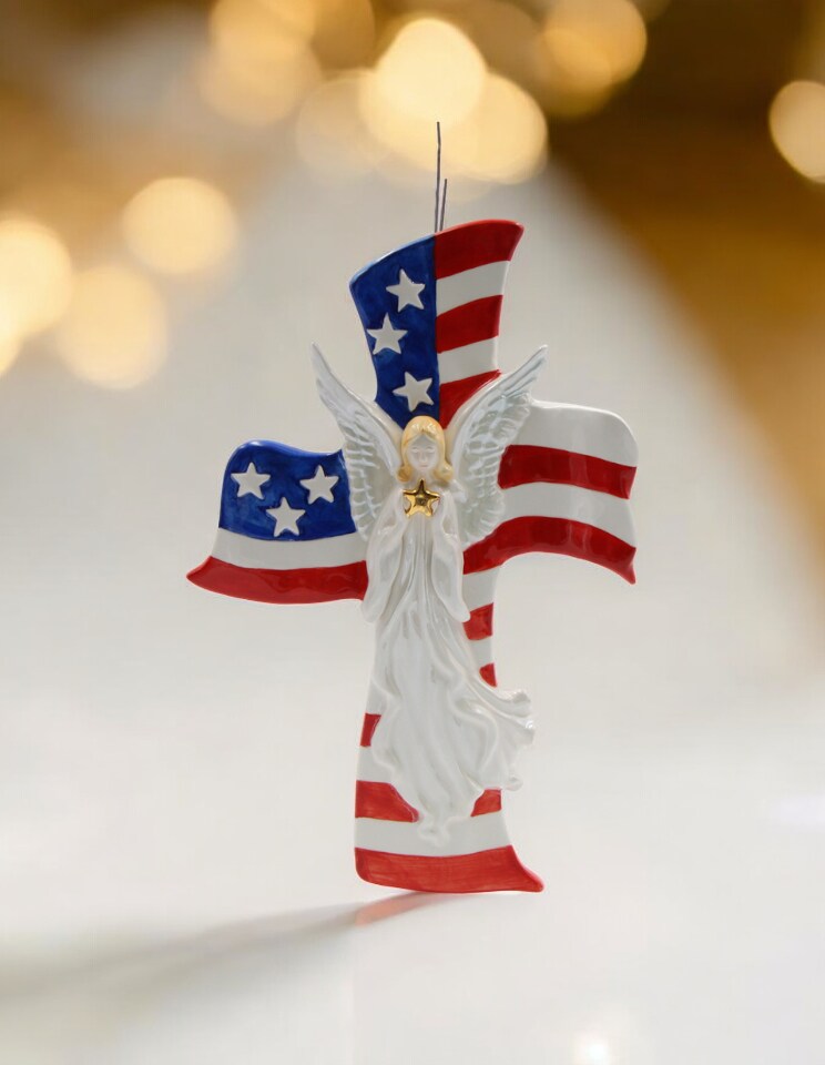 Ceramic Angel with American Flag Cross Wall Decor, Patriot Gift ...