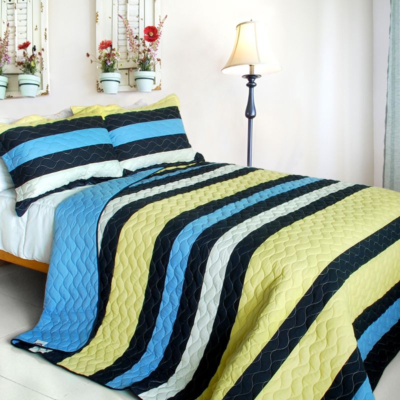 3-Piece Handmade Full/Queen Quilt Set, Reversible, Horizontal Stripes ...