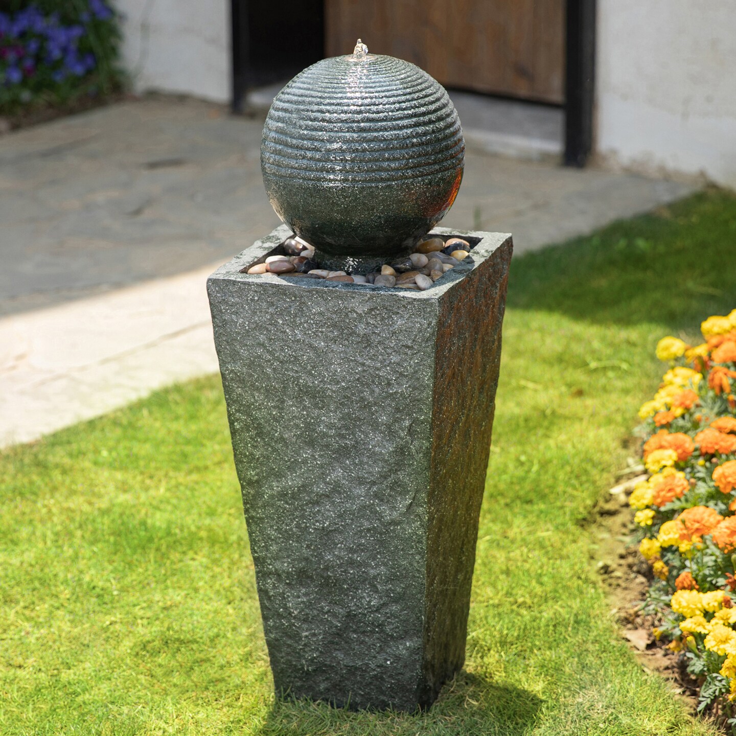 32"H Modern Geometric Pedestal and Sphere Polyresin Outdoor Fountain ...