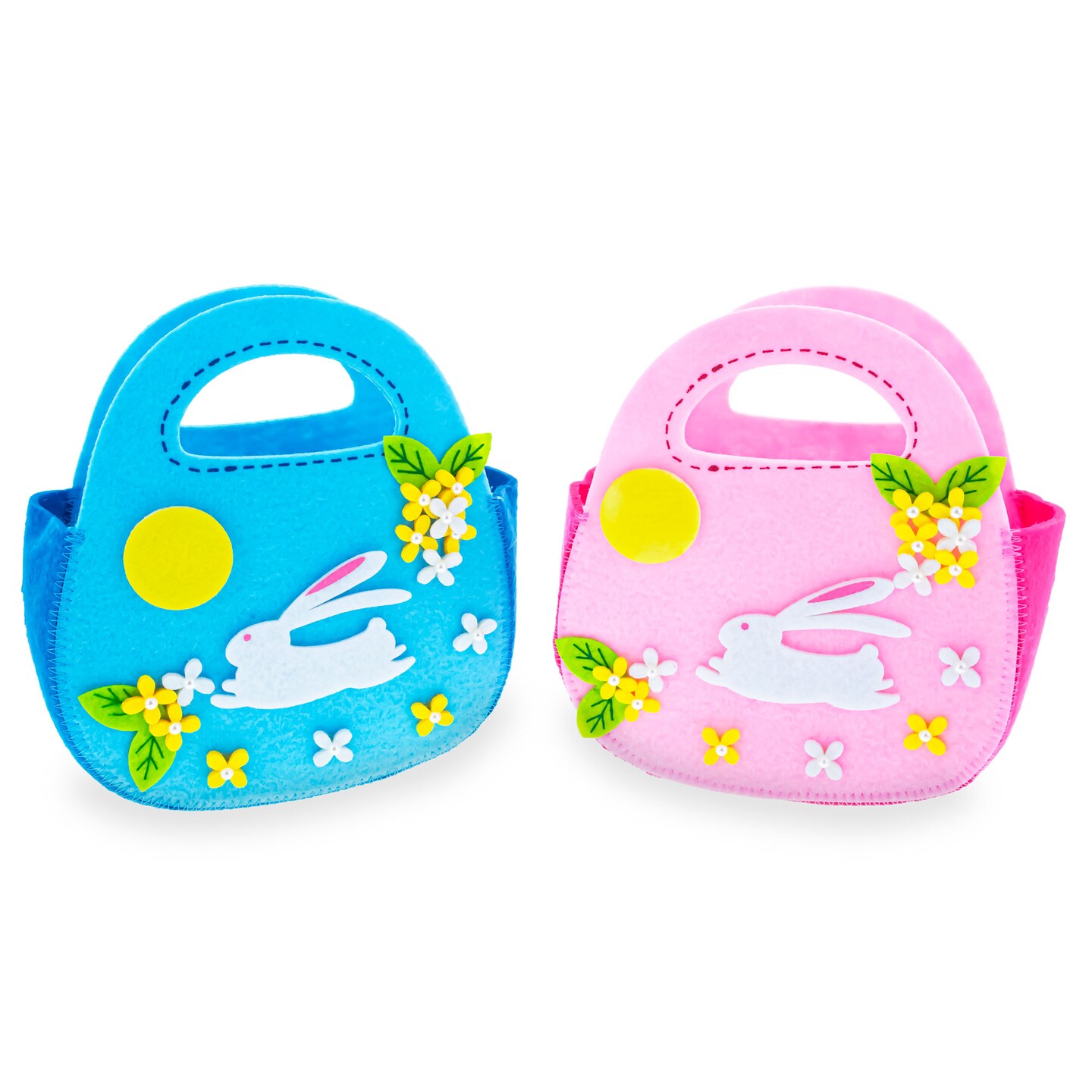Set of 2 Easter Baskets White Bunnies Pink and Blue Felt Totes 7.5 ...