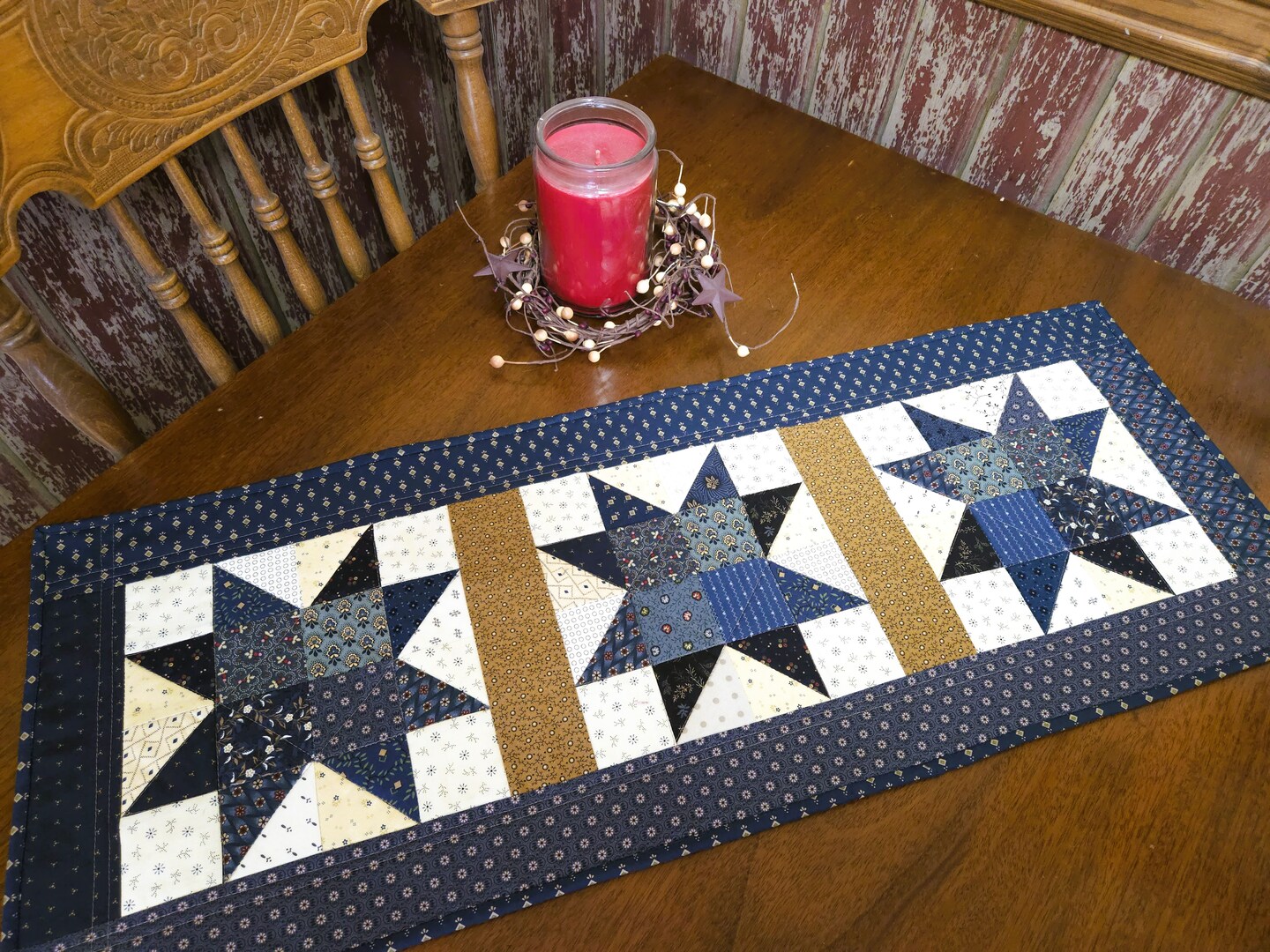 Quilted Blue Star Table Runner, Country Style Table Covering, Scrappy ...