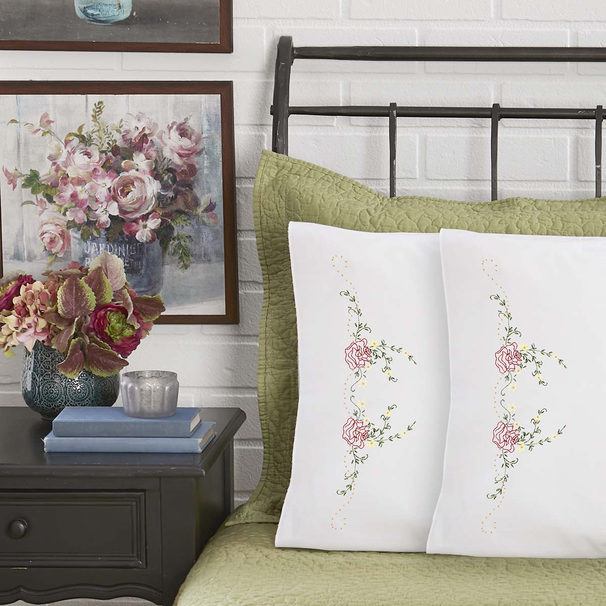 Herrschners Elsie Pillowcase Pair Stamped Embroidery, Color: Multi ...