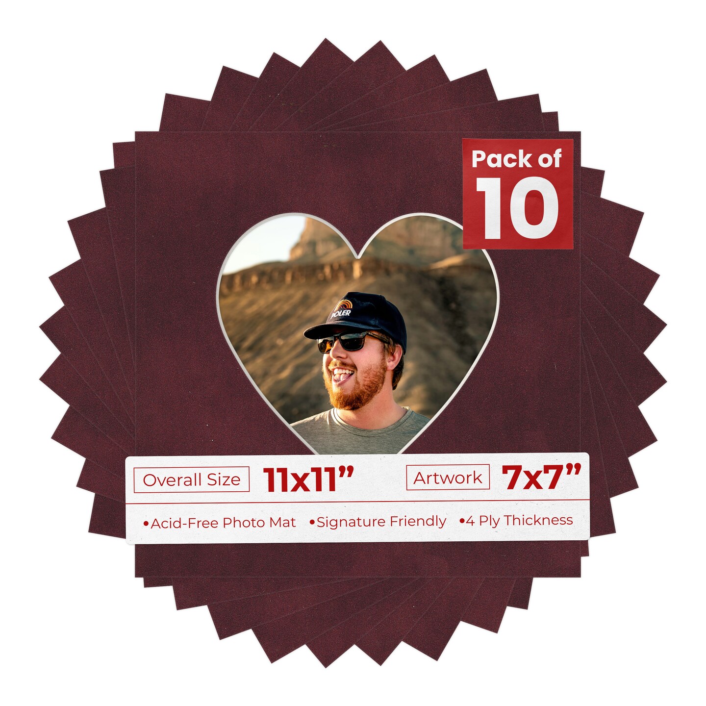 Dark Red Suede Mat Board for 11x11 Frames - Heart Opening for 7x7 ...