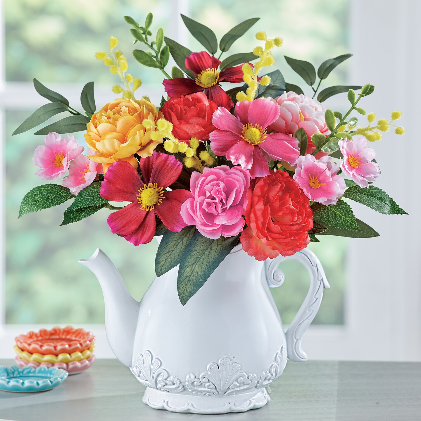 Collections Etc Colorful Artificial Floral Arrangement with Teapot Vase ...