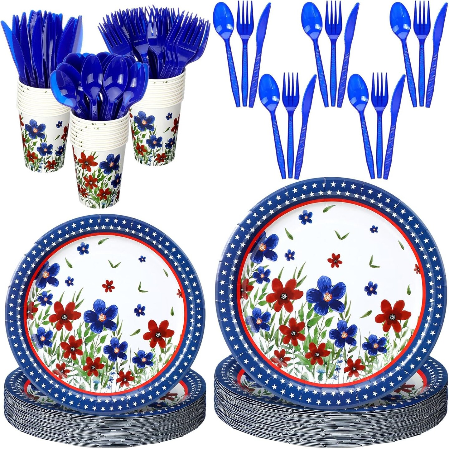 150 Pcs 4th of July Poppy Flower Tableware Set for 25 Guest Patriotic ...
