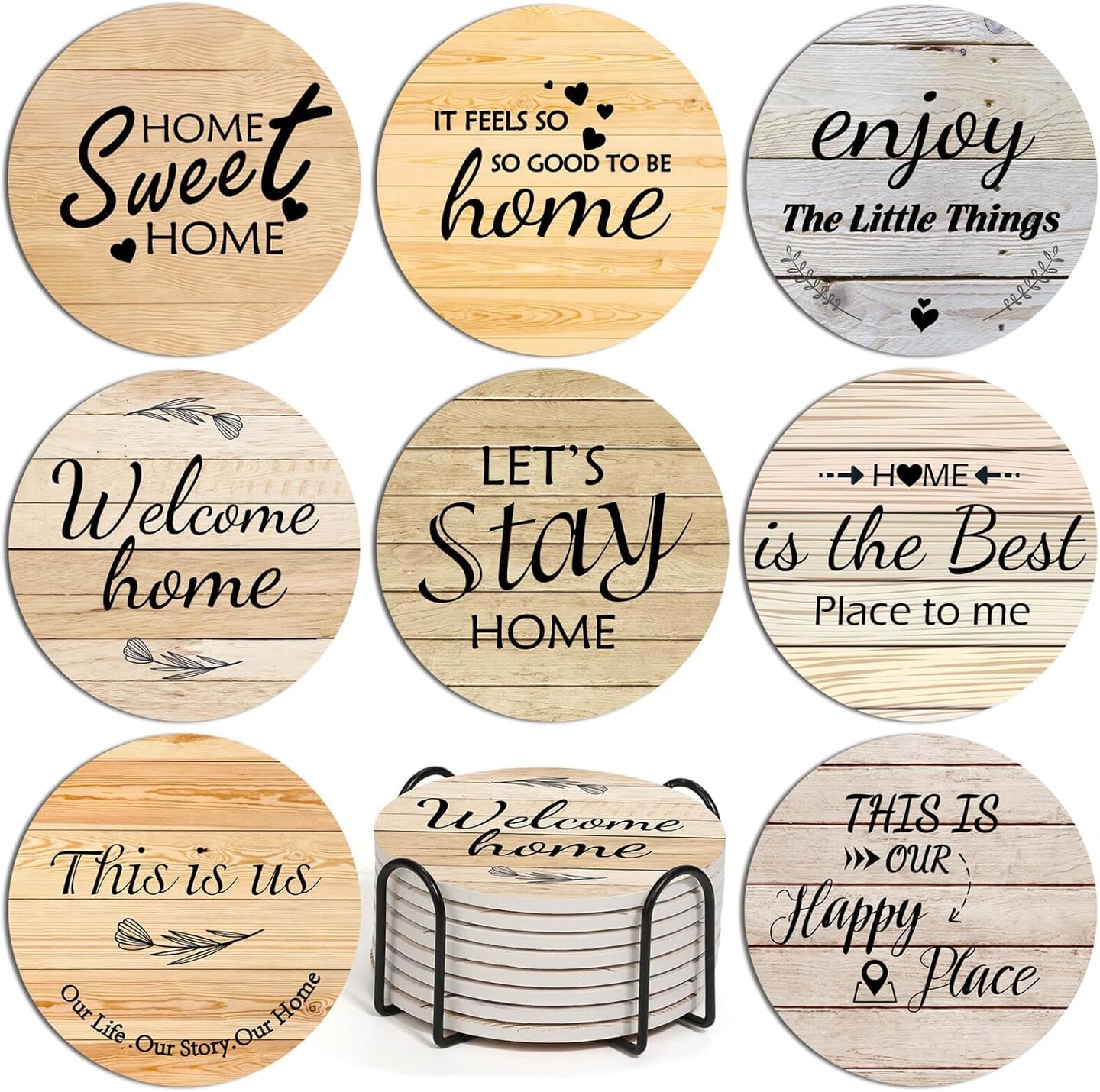 Farmhouse Coasters Set of 8, Ceramic Drink Coaster for Coffee Table ...