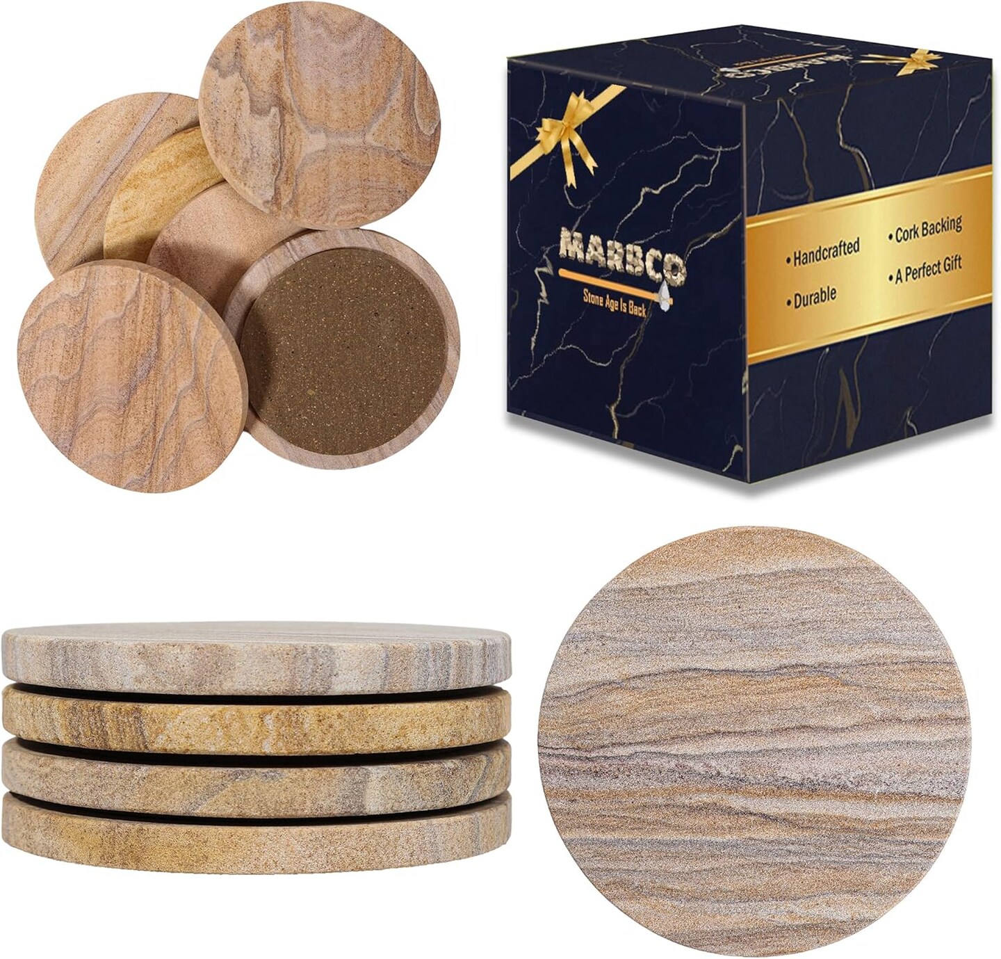 Sandstone Water Absorbent Hand Crafted Round Coasters for Drinks - 4 ...