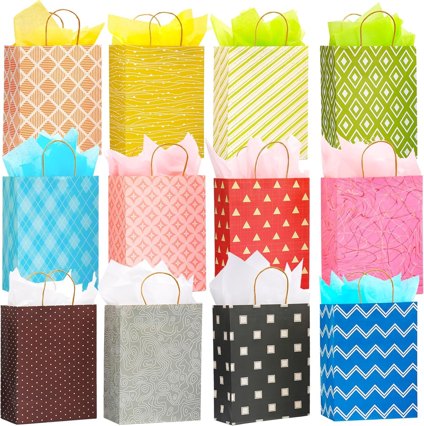 12 Pack 13" Large Kraft Paper Gift Bags Assortment with Tissue Paper ...