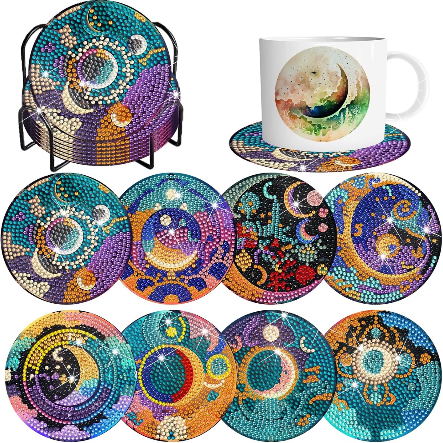 8 Pieces Diamond Art Coaster Kit with Holder DIY Sun and Moon Diamond ...