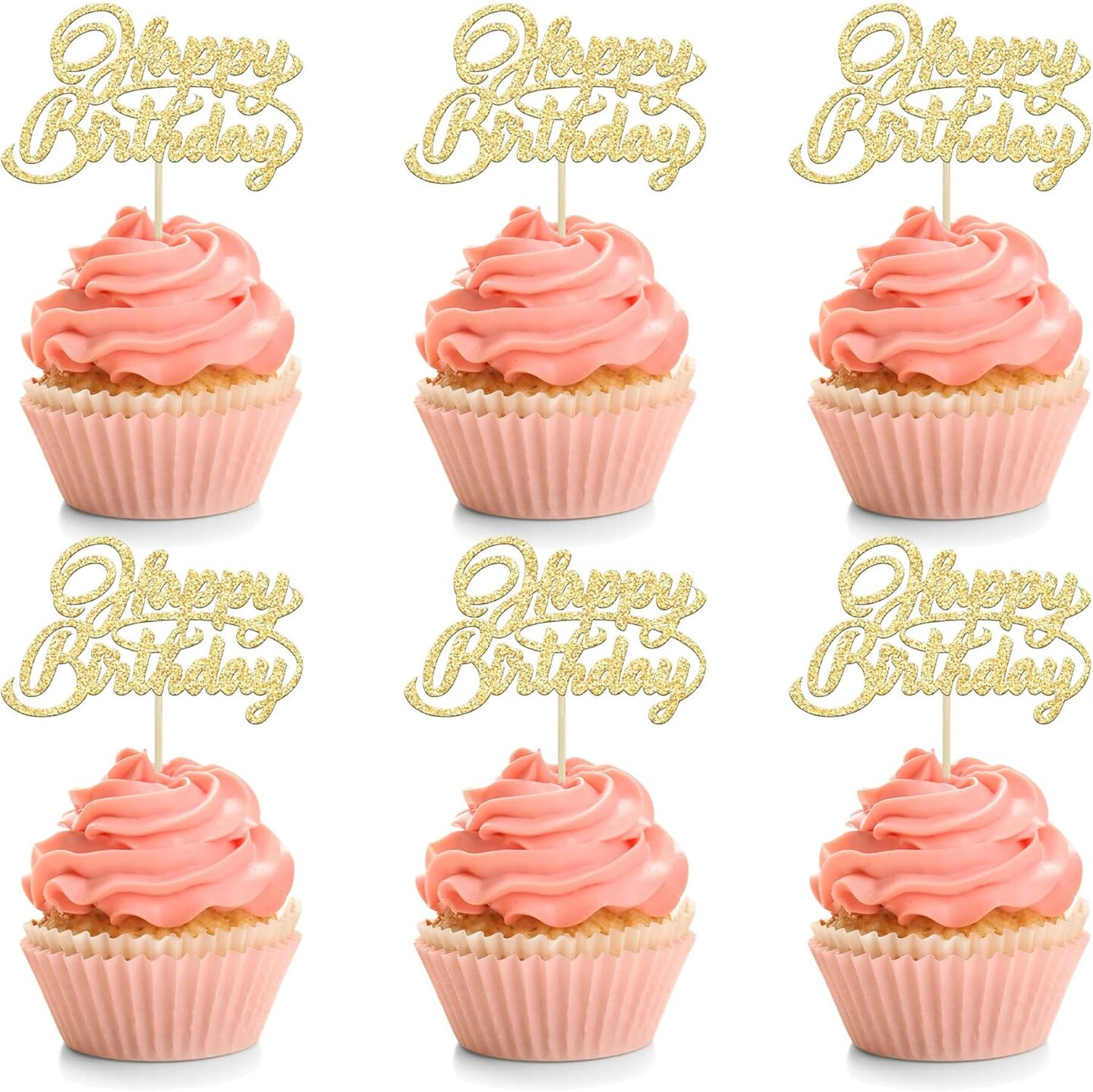24Pcs Happy Birthday Cupcake Toppers Gold Glitter Birthday Cupcake Food Picks for Celebrating ...