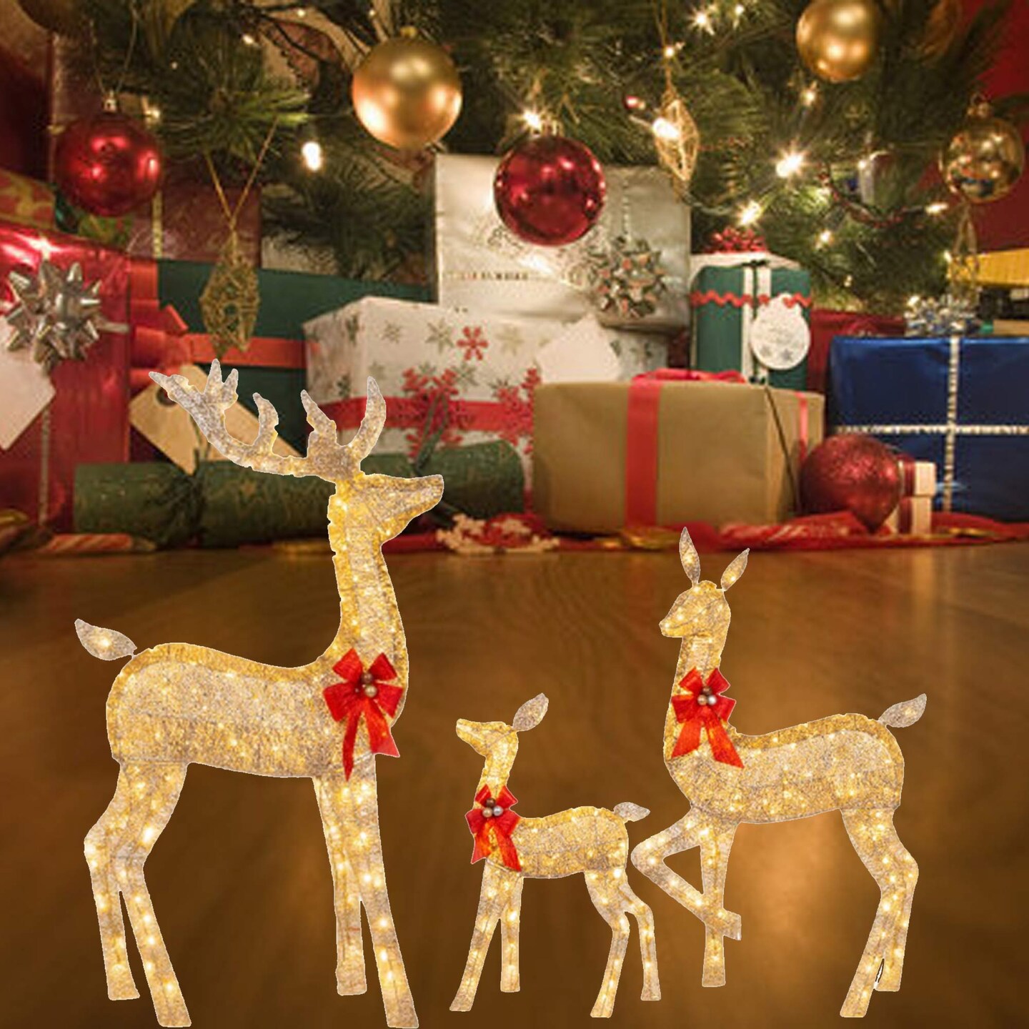 Premium Champagne Rattan Deer Trio with Red Bows for Holiday Decorating ...