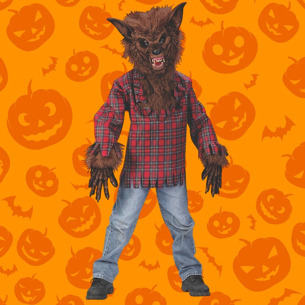 Boy’s Werewolf Costume Brown Fur Deluxe Mask and Tattered Shirt for ...