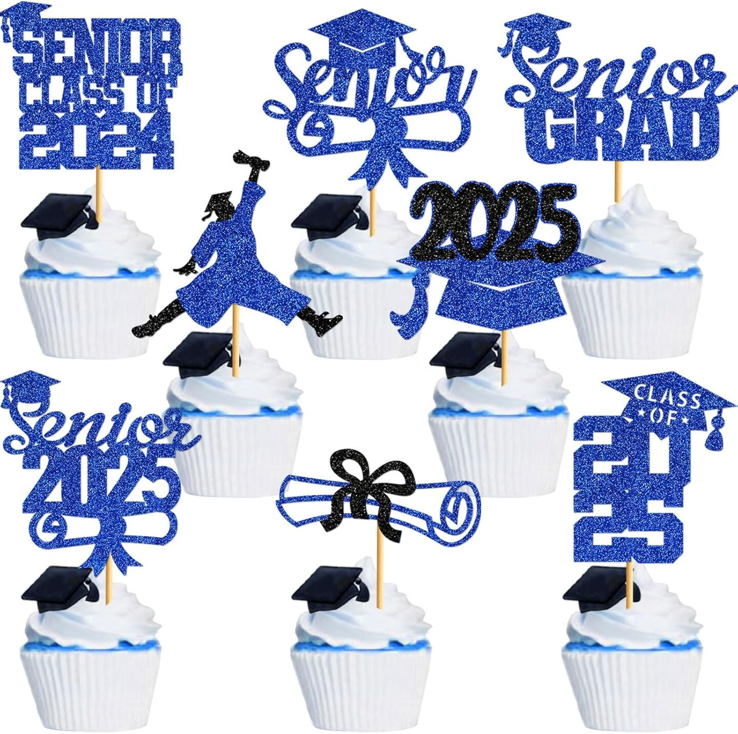 40Pcs Graduation Cupcake Toppers 2025 Blue Glitter Senior Class of 2025 ...