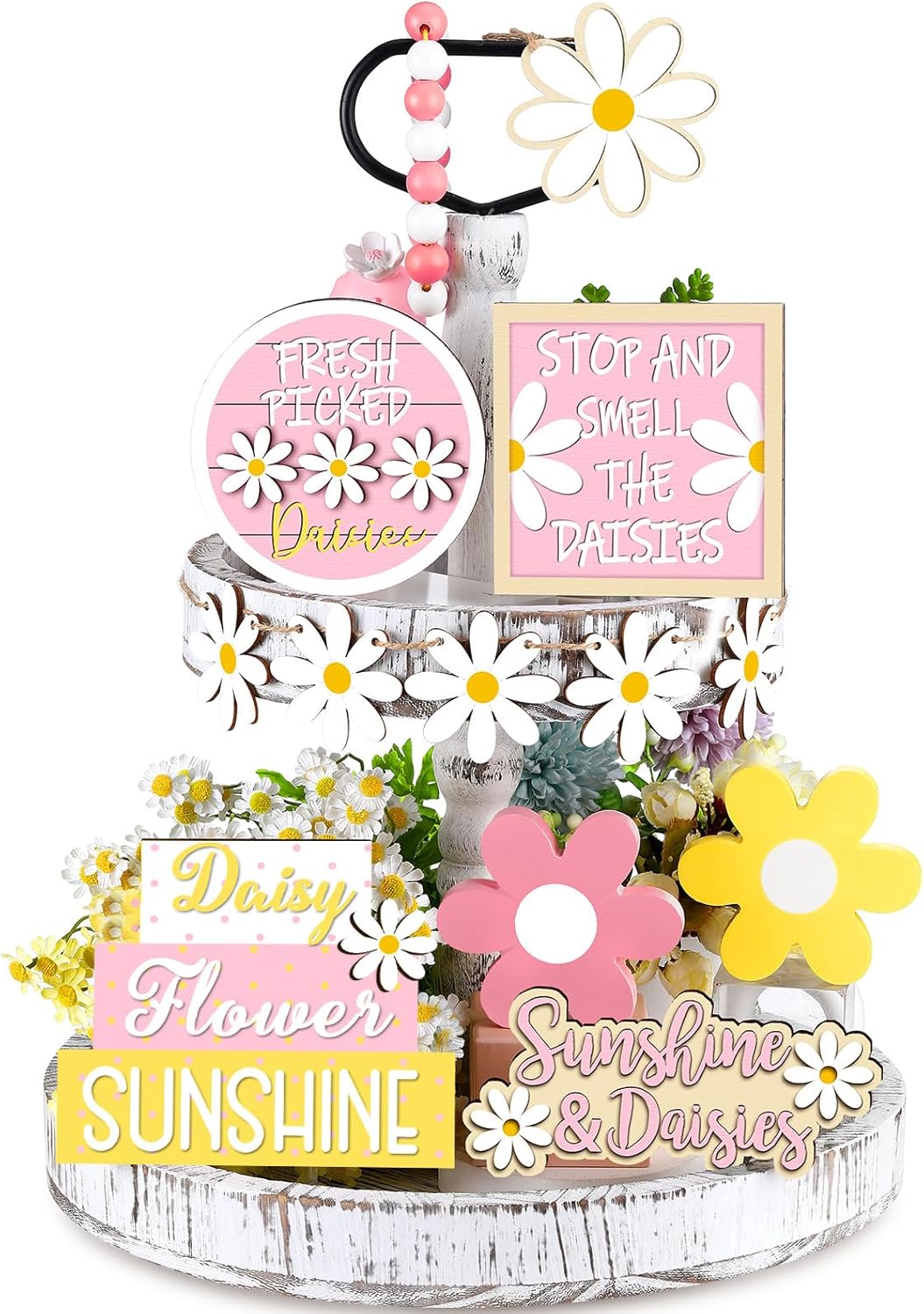 12 Pcs Spring Tiered Tray Decor Daisy Sunshine Wooden Sign Table Decor ...