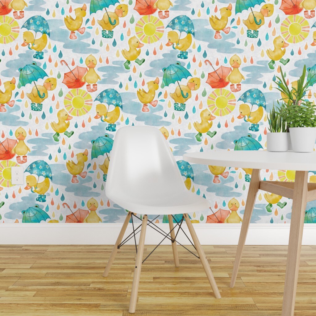 Pre-Pasted Wallpaper 2FT Wide Baby Duck Rainy Days Muddy Puddles Welly ...
