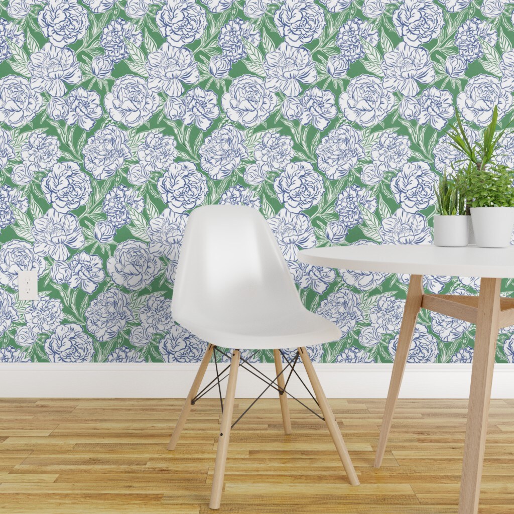 Pre-Pasted Wallpaper 2FT Wide Blue Preppy Floral Peony Flowers Green ...