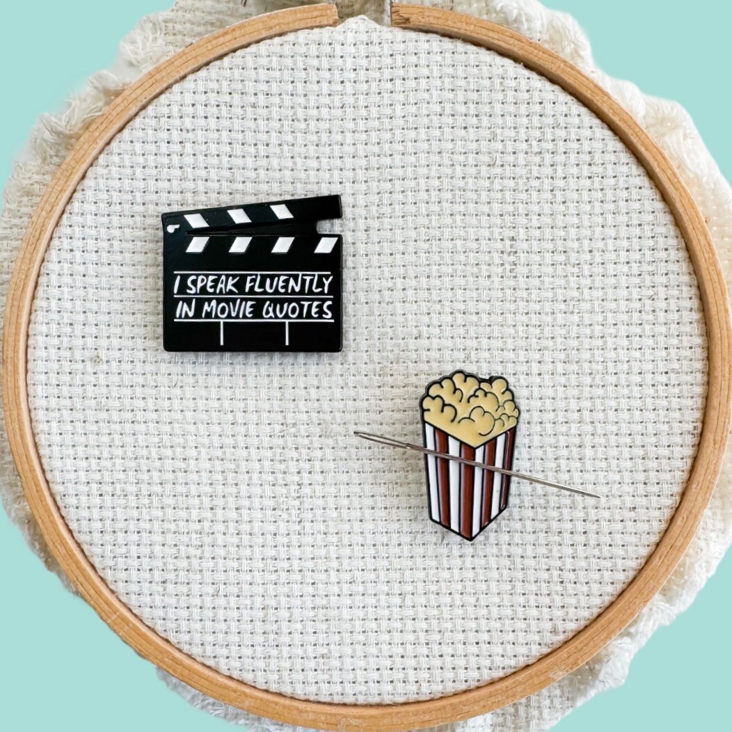 Bucket of Popcorn and Movie Clapboard Enamel Needle Minders ...