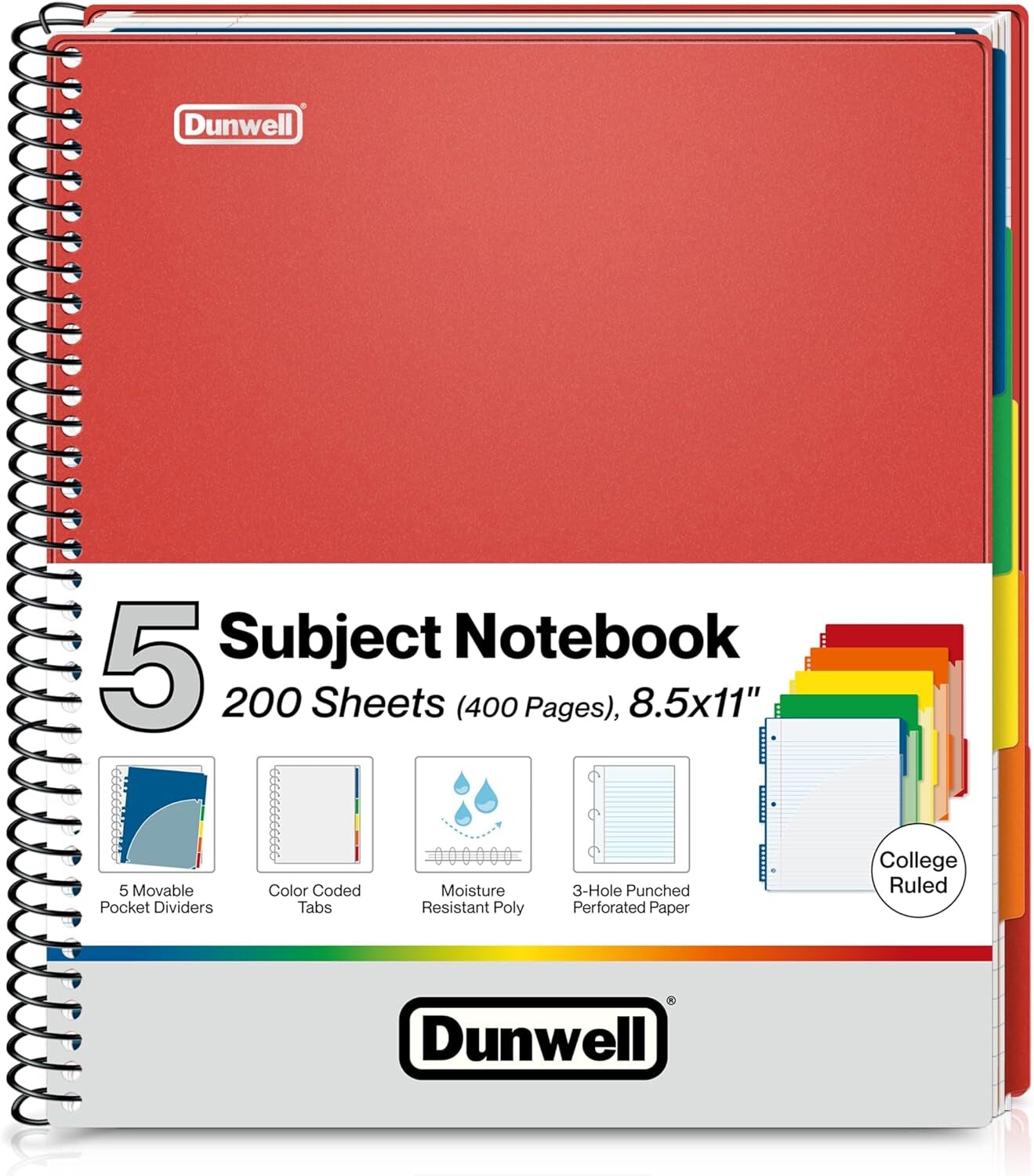 5-Subject Notebook College Ruled 8.5X11 (Red) - 200 Sheets (400 Pages ...