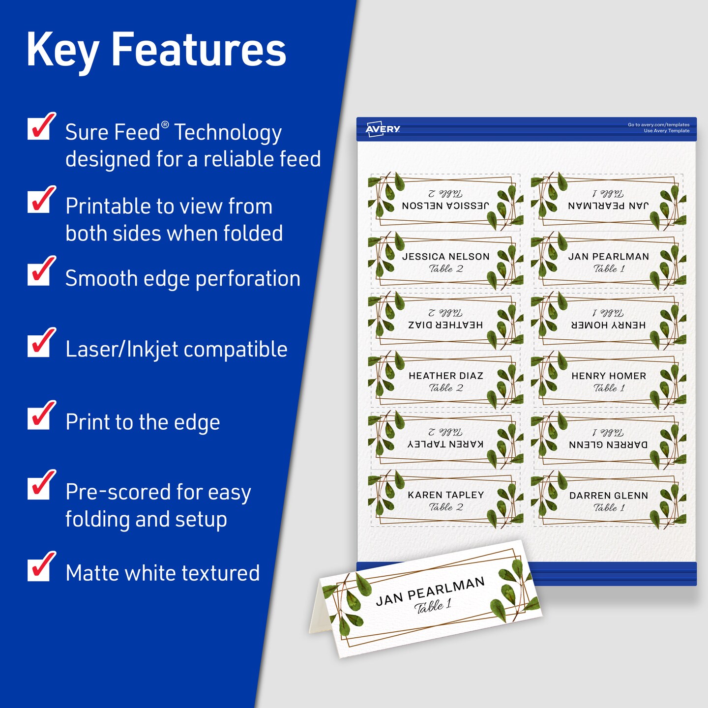 Avery® Printable Place Cards, Sure Feed® Technology, 1-7/16" x 3-3/4 ...