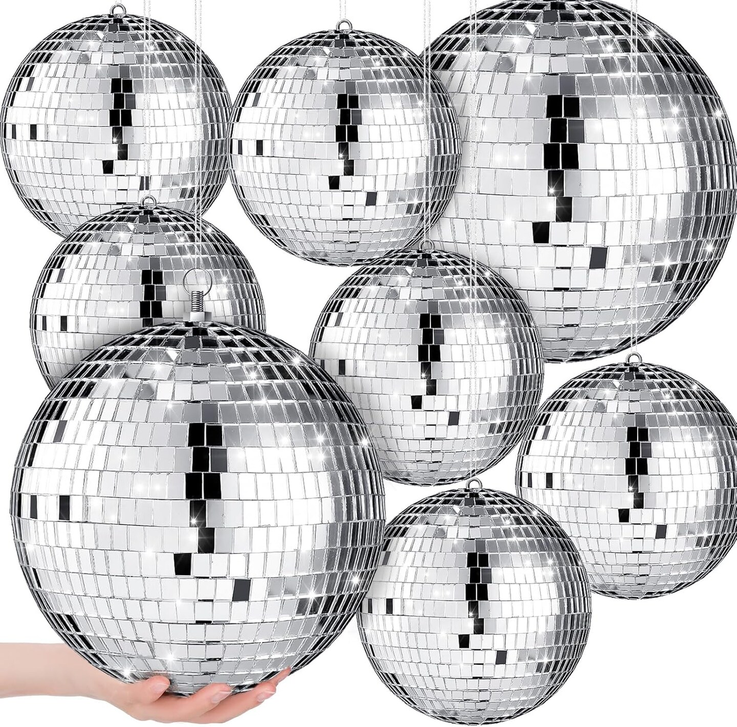 8 Pcs Large Disco Ball Set Silver Mirror Disco Balls Reflective Ball ...