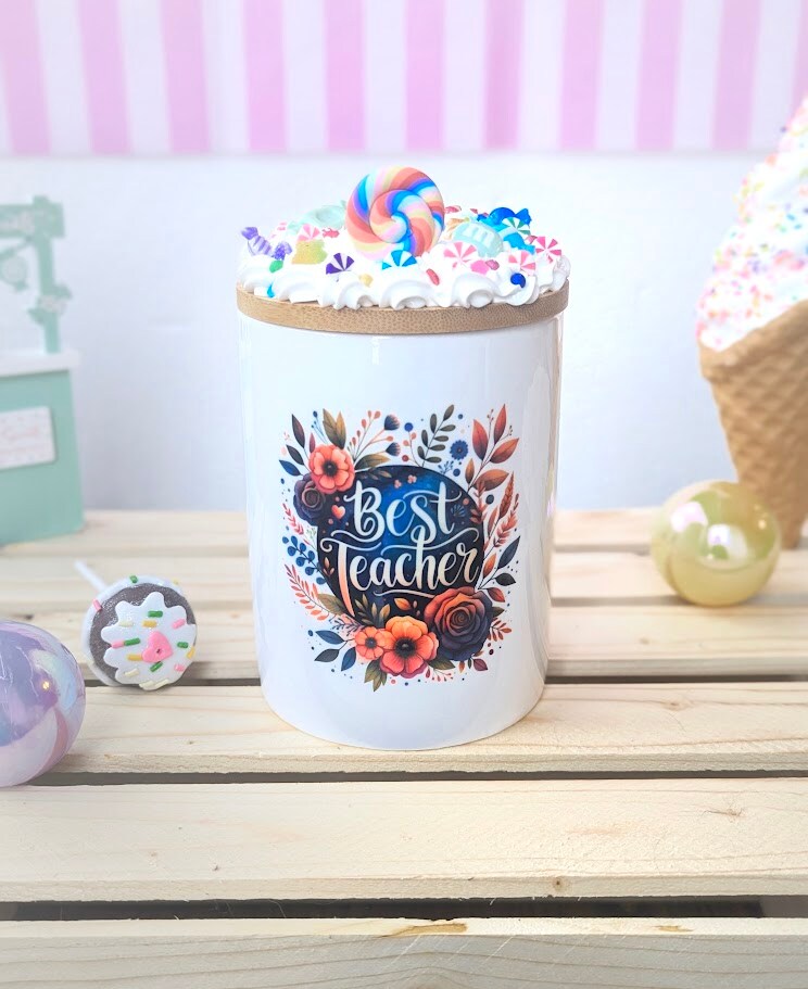 Best Teacher Candy Ceramic Candy Jar with Bamboo Lid and Faux Frosting ...