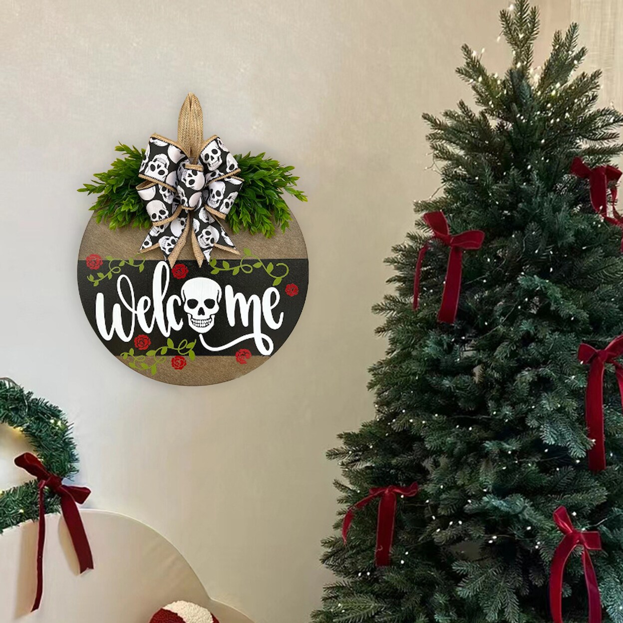 Skull Door Sign Front Door Welcome Sign Wooden Skull Bow Pine Hanging ...