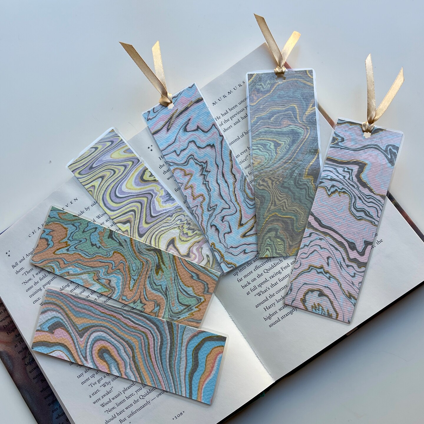 Marbled HAND-PAINTED watercolor Bookmarks, Unique Suminagashi laminated ...
