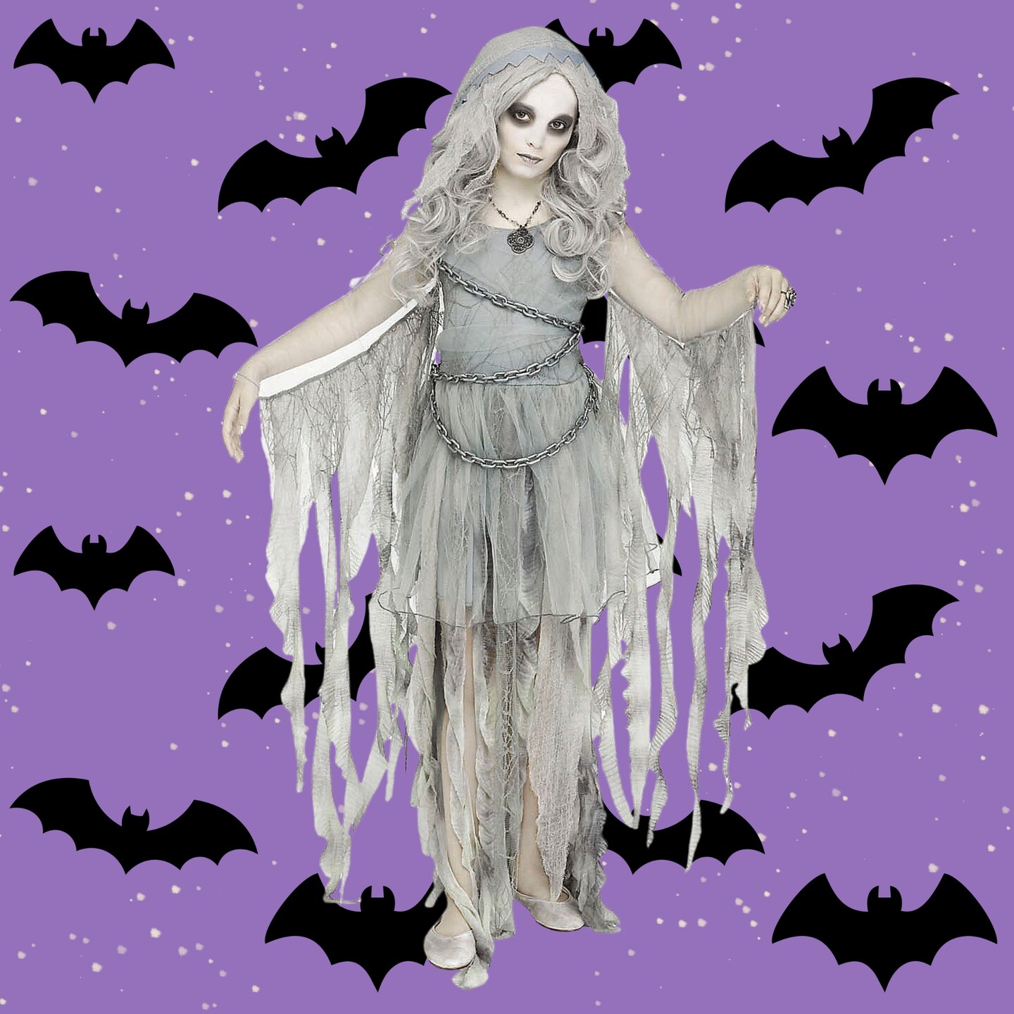 Girls Enchanted Ghost Gray Hooded Dress Costume with Chain Detail ...