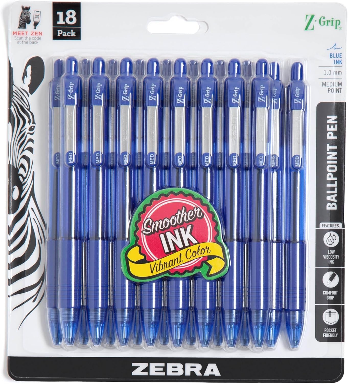 Pen Z-Grip Retractable Ballpoint Pen, Medium Point, Blue Ink, 18-Pack ...
