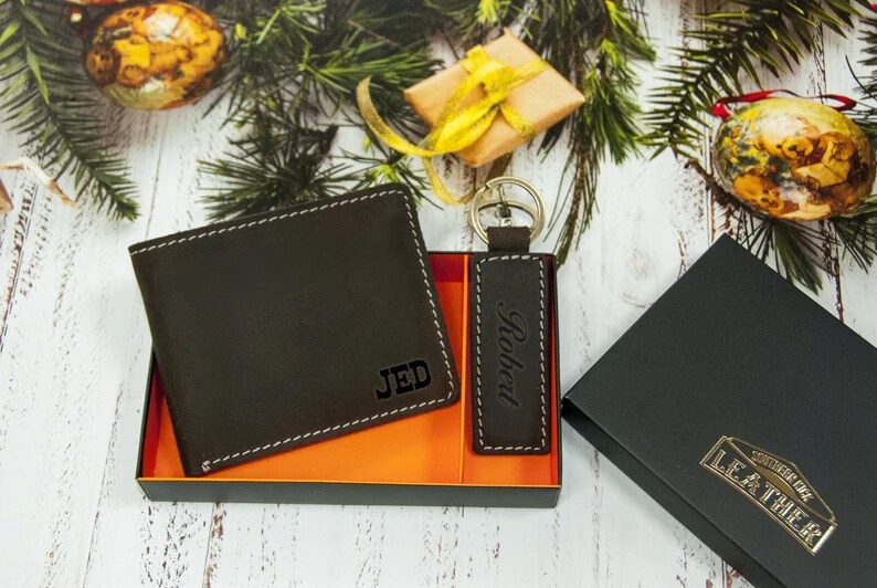 Personalized Mens Wallet and Keychain Set,Anniversary Present,Leather ...
