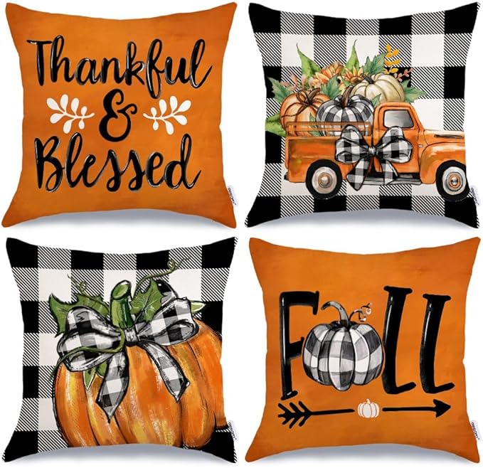 Fall Decorative Throw Pillow Covers 18 x 18 Inch Set of 4, Pumpkins Thankful and Blessed Buffalo ...