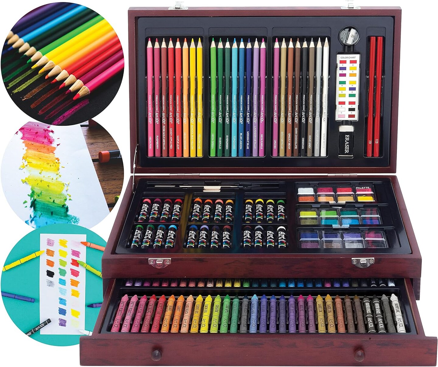 142-piece art set in a wooden carrying case, including colored pencils ...