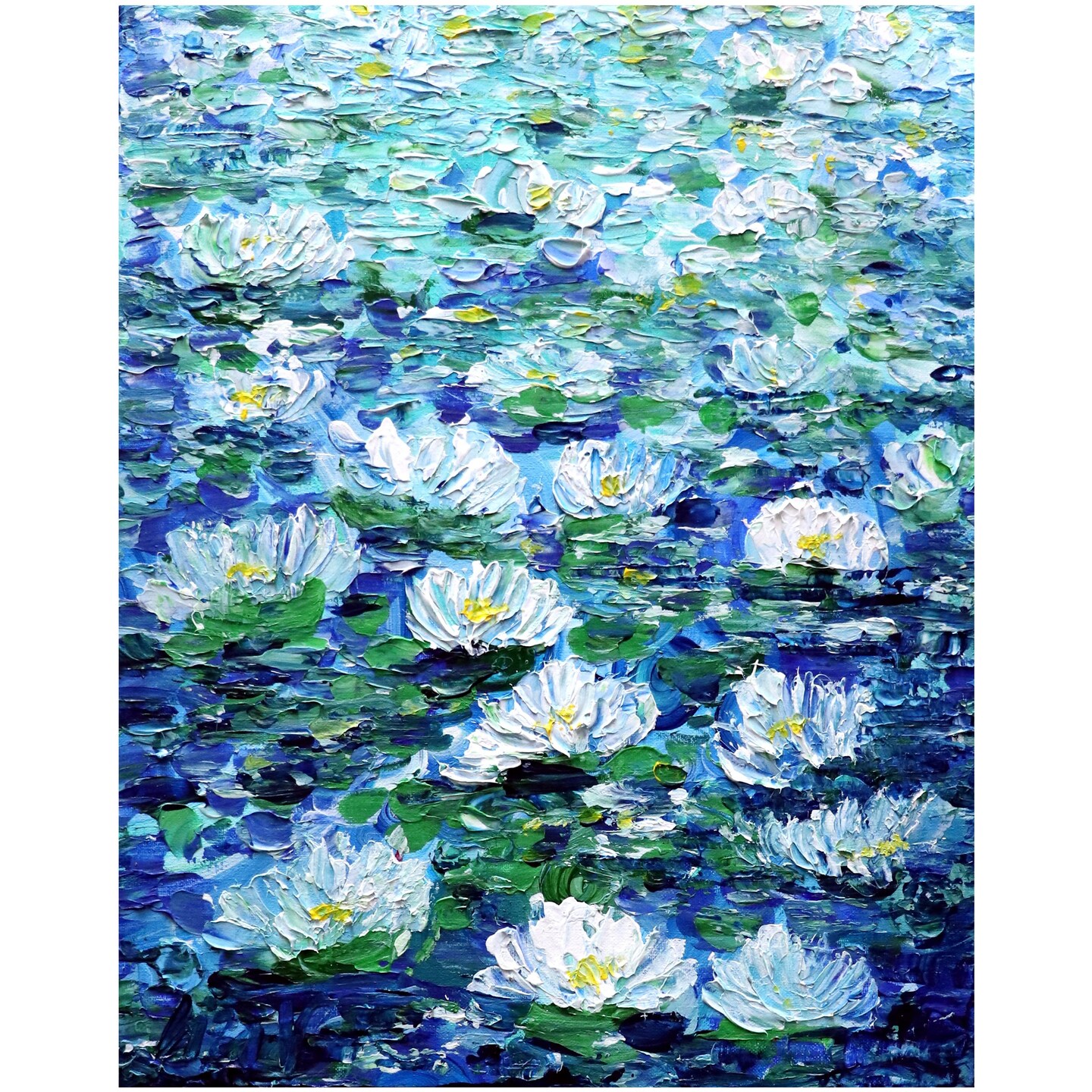 original signed painting, water lilies in full bloom, floating ...