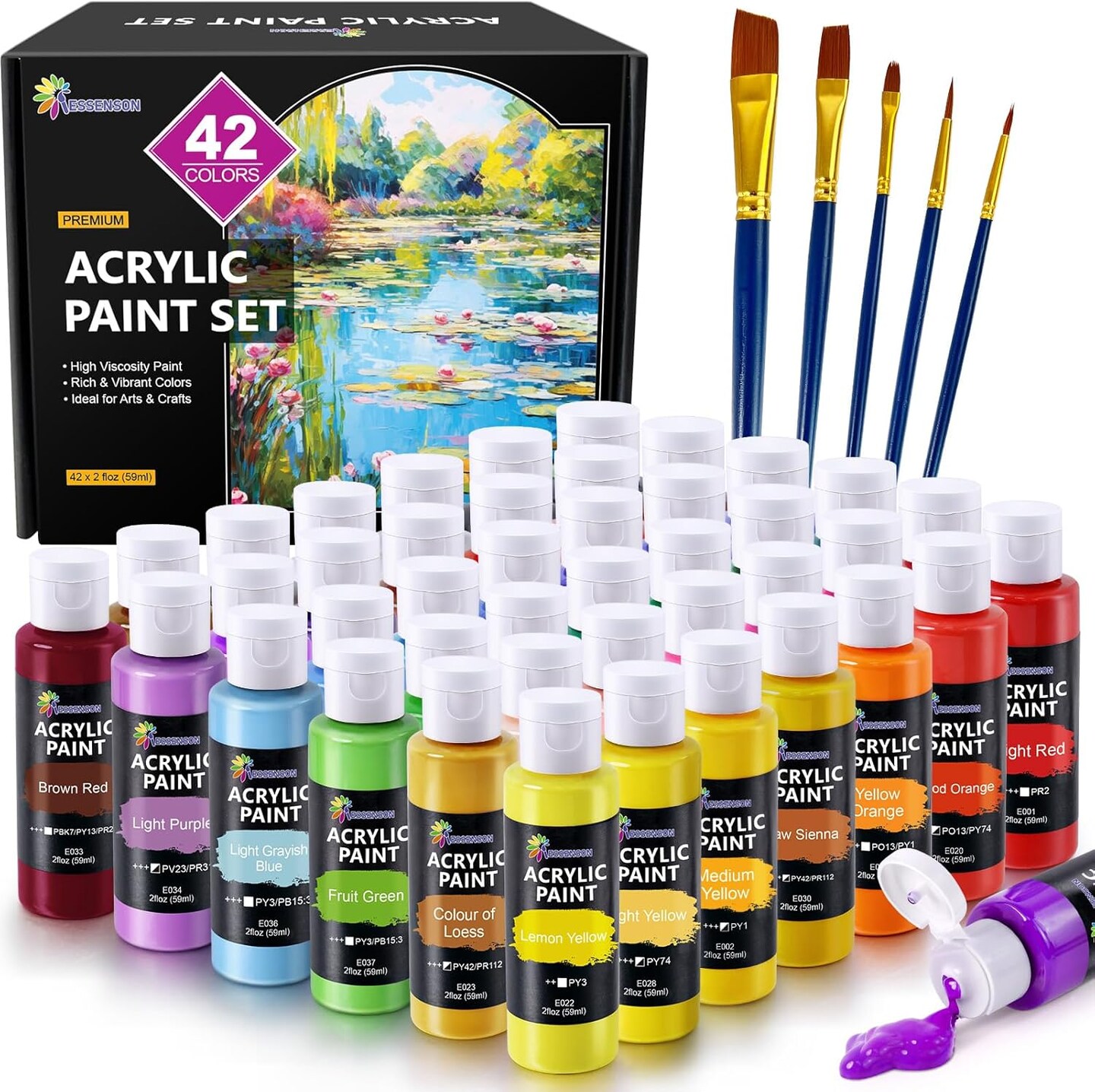 Acrylic Paint Set, 42 Colors Acrylic Paint with Brushes, 2oz Bottles ...
