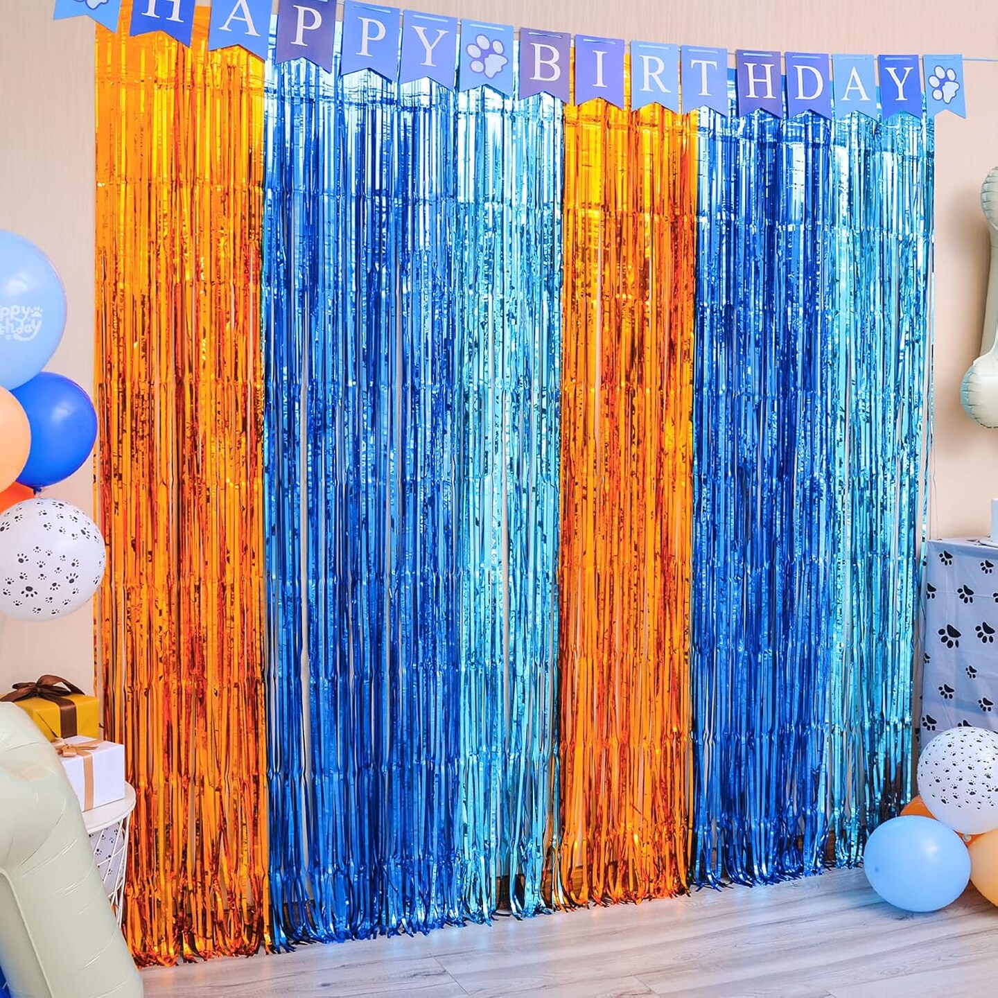 2-Pack Orange & Light Blue Foil Fringe Curtains 3.3x6.6ft Birthday ...