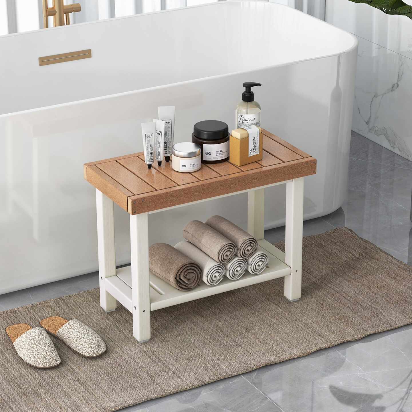2-Tier HDPE Shower Stool with Storage Shelf and Slatted Seat Perfect ...