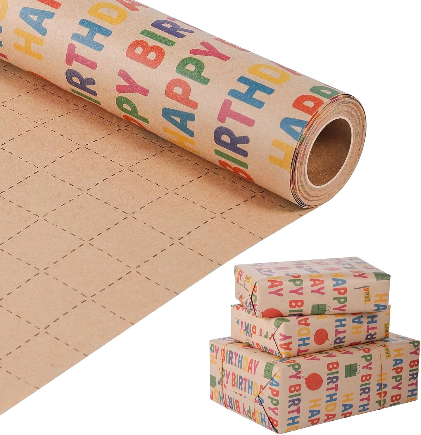 Birthday Kraft Wrapping Paper Roll – 17” x 33 ft, Colorful “Happy ...