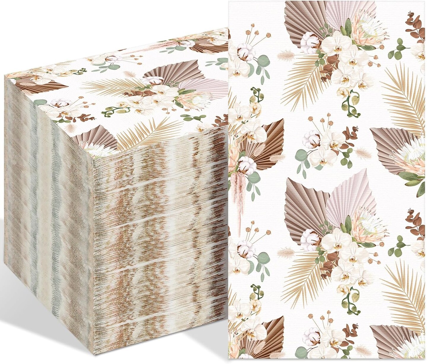 100-Pack Boho Leaves Disposable Guest Napkins, Tan with Floral Decor ...