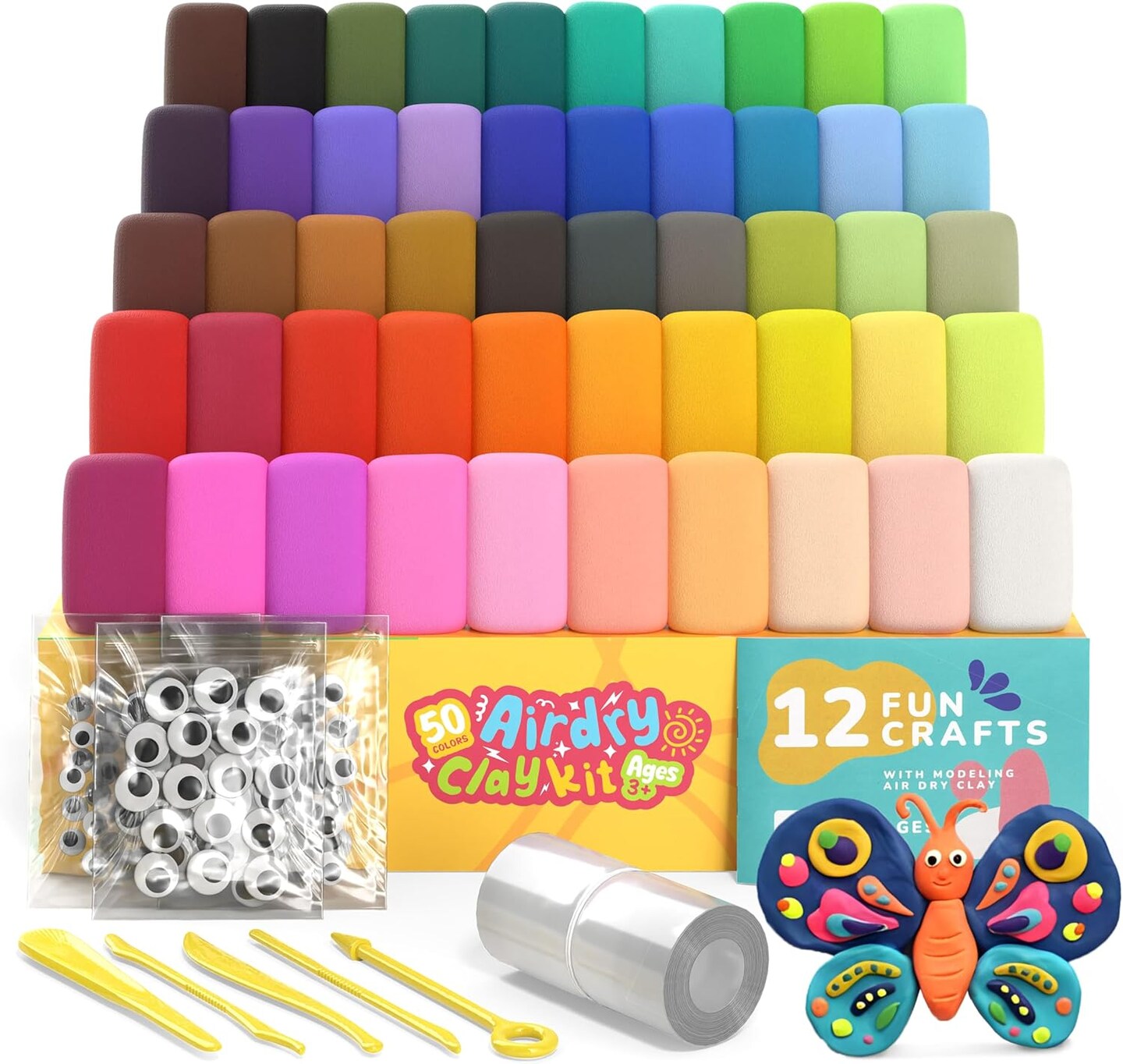 50-Color Air Dry Clay Kit – Soft, Safe, with 100 Googly Eyes, Perfect ...