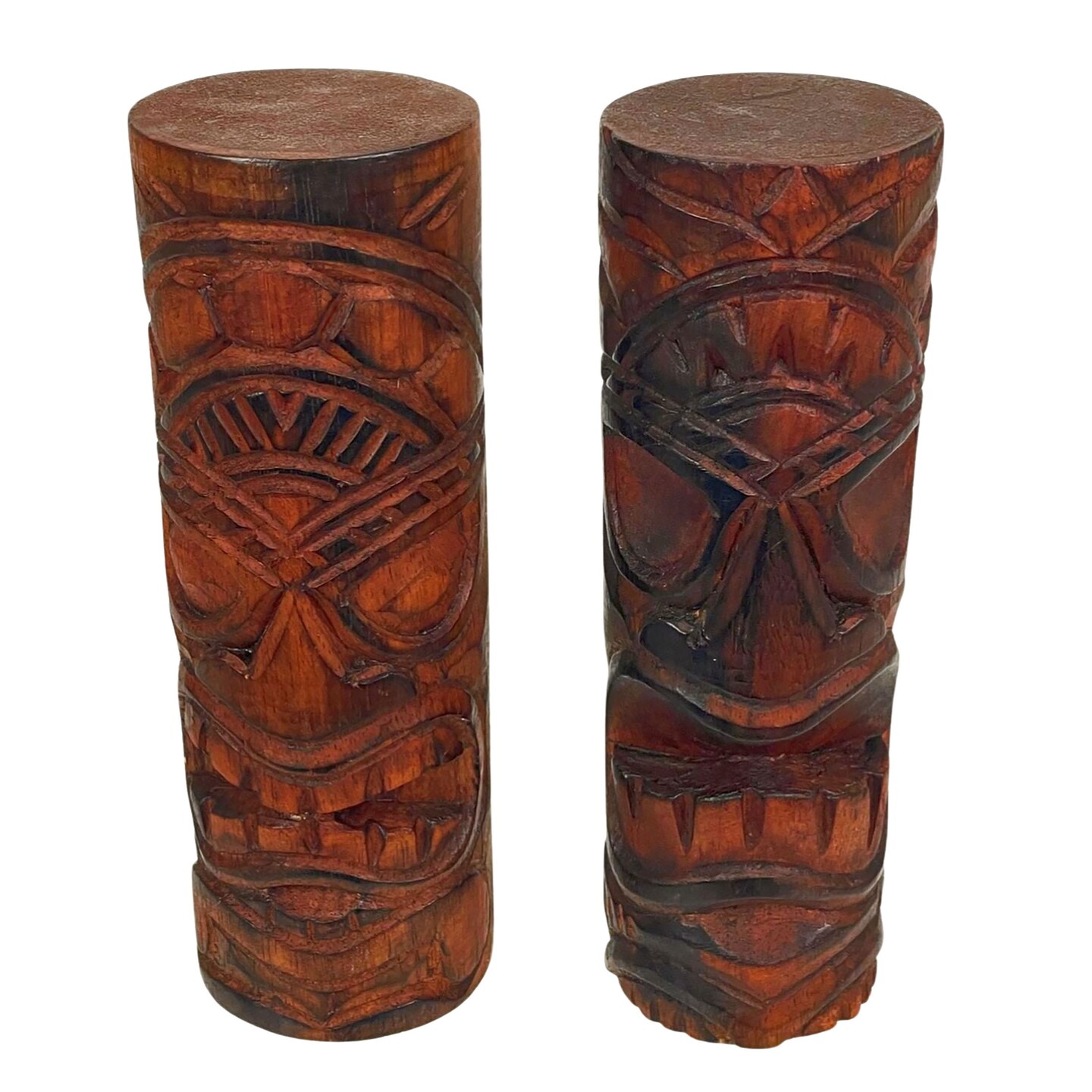 Set of 2 Hand-Carved Wooden Tiki Totems 8" Tribal Island Decor Brown ...