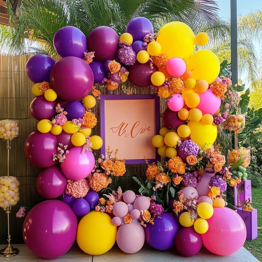 Pink Yellow Balloon Arch - Double Stuffed Hot Pink Purple Balloons Different Size Latex Magenta ...