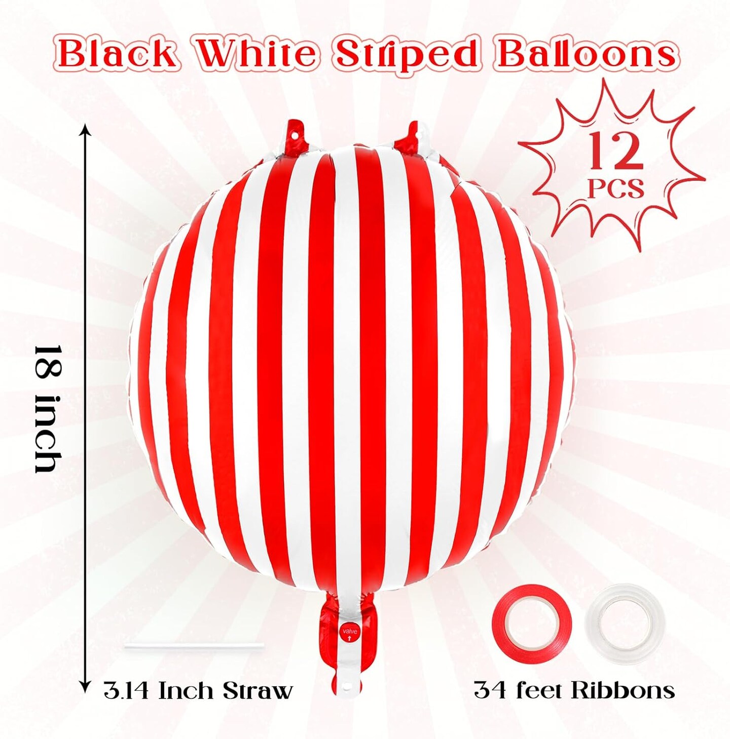 12 Pcs Red and White Striped Balloons,18 Inch Carnival Balloons ...