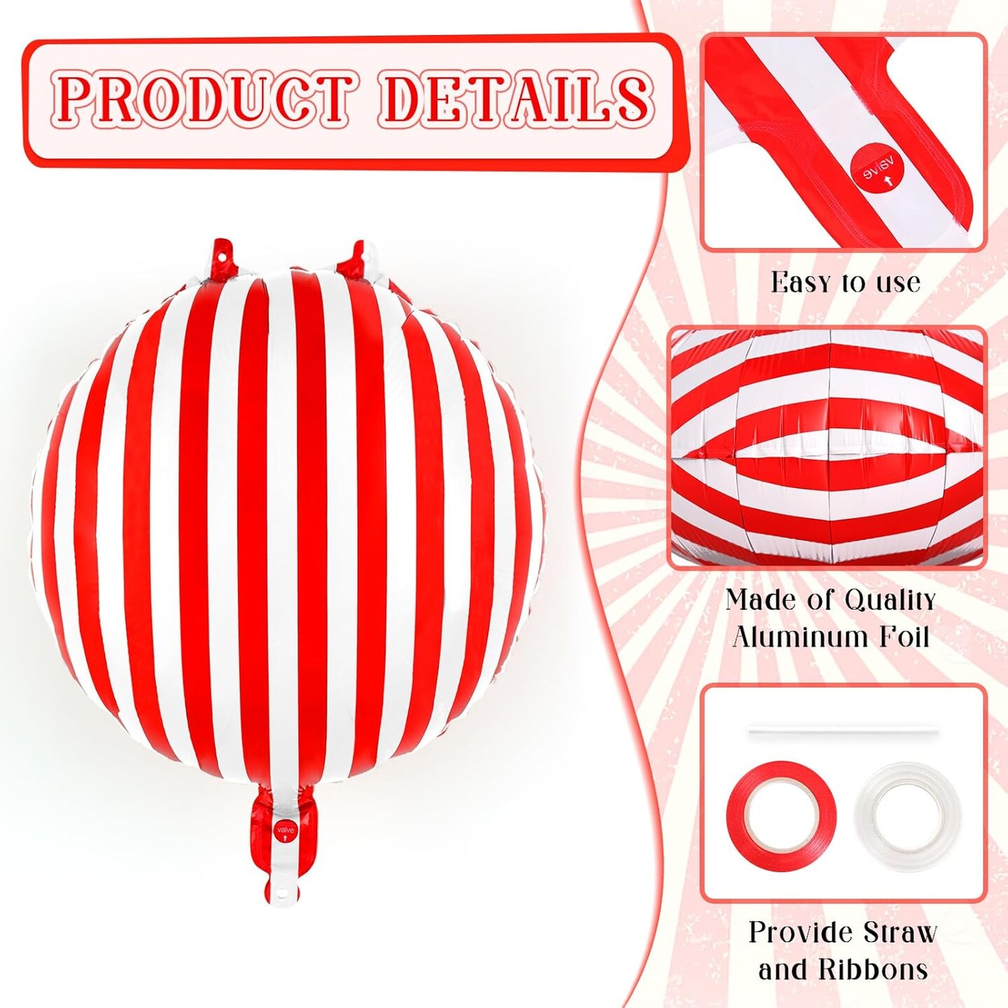 12 Pcs Red and White Striped Balloons,18 Inch Carnival Balloons ...