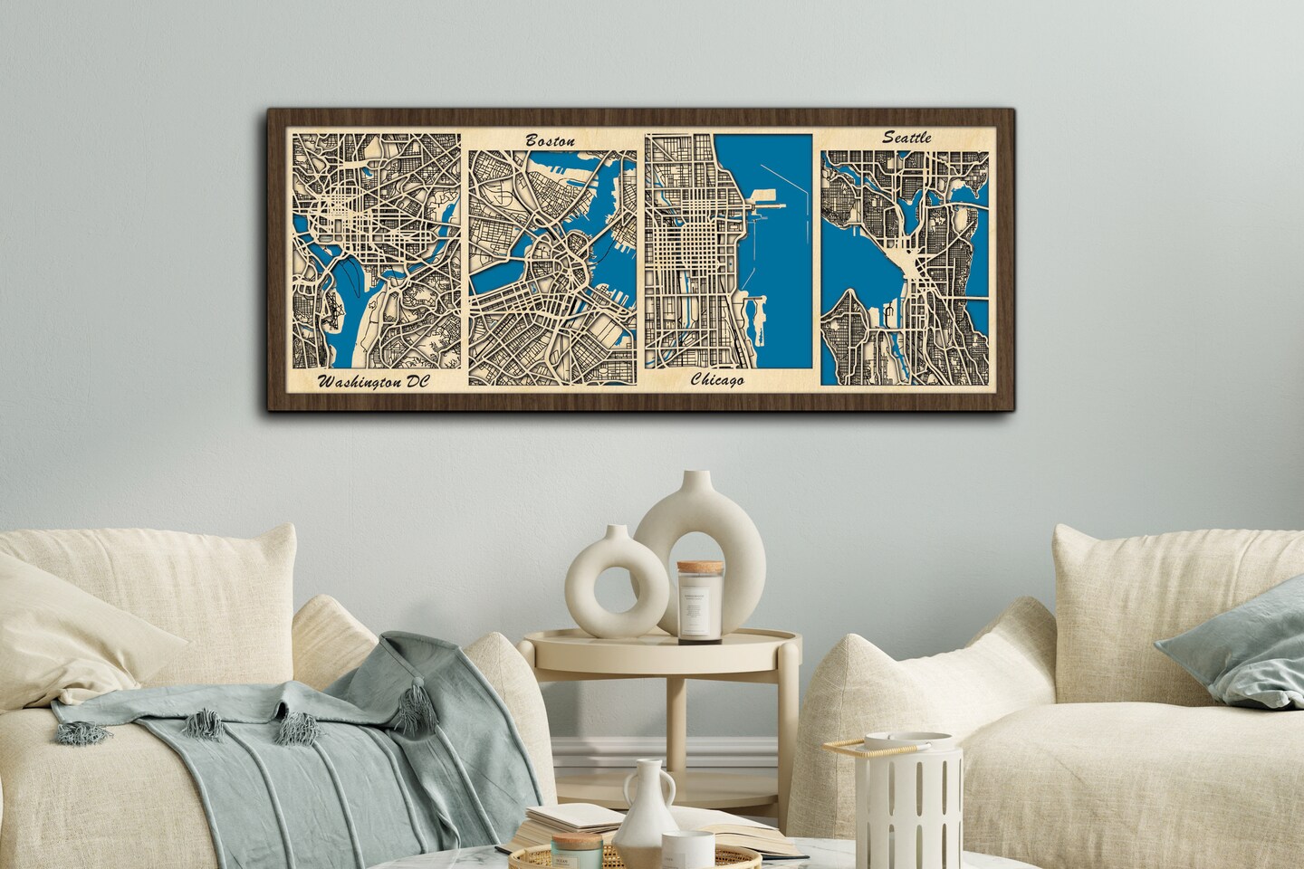 3D Collage Map of multiple cities on wood, any city, laser cut engraved ...