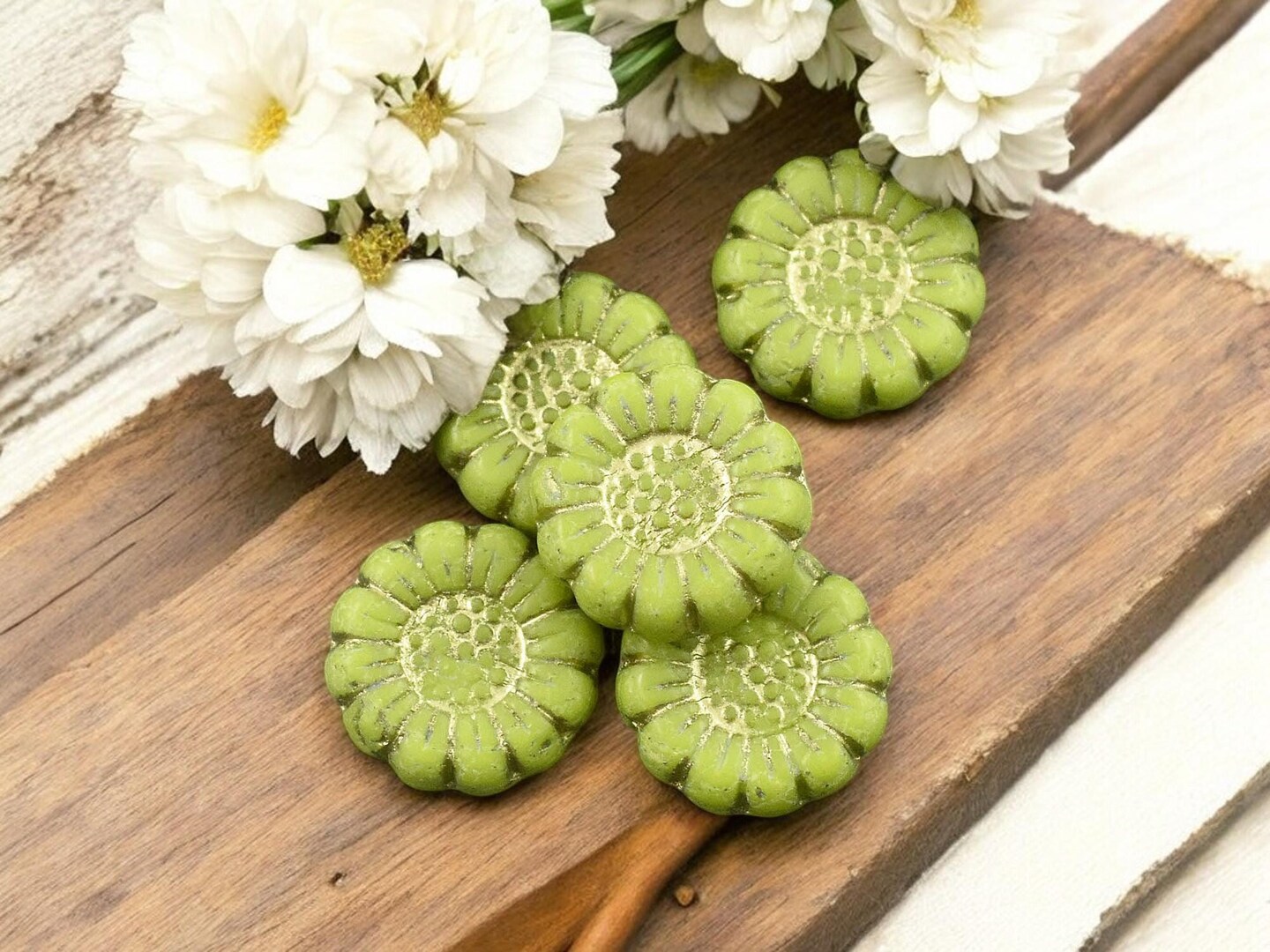 *12* 13mm Gold Washed Gaspeite Green Sunflower Coin Beads | Michaels