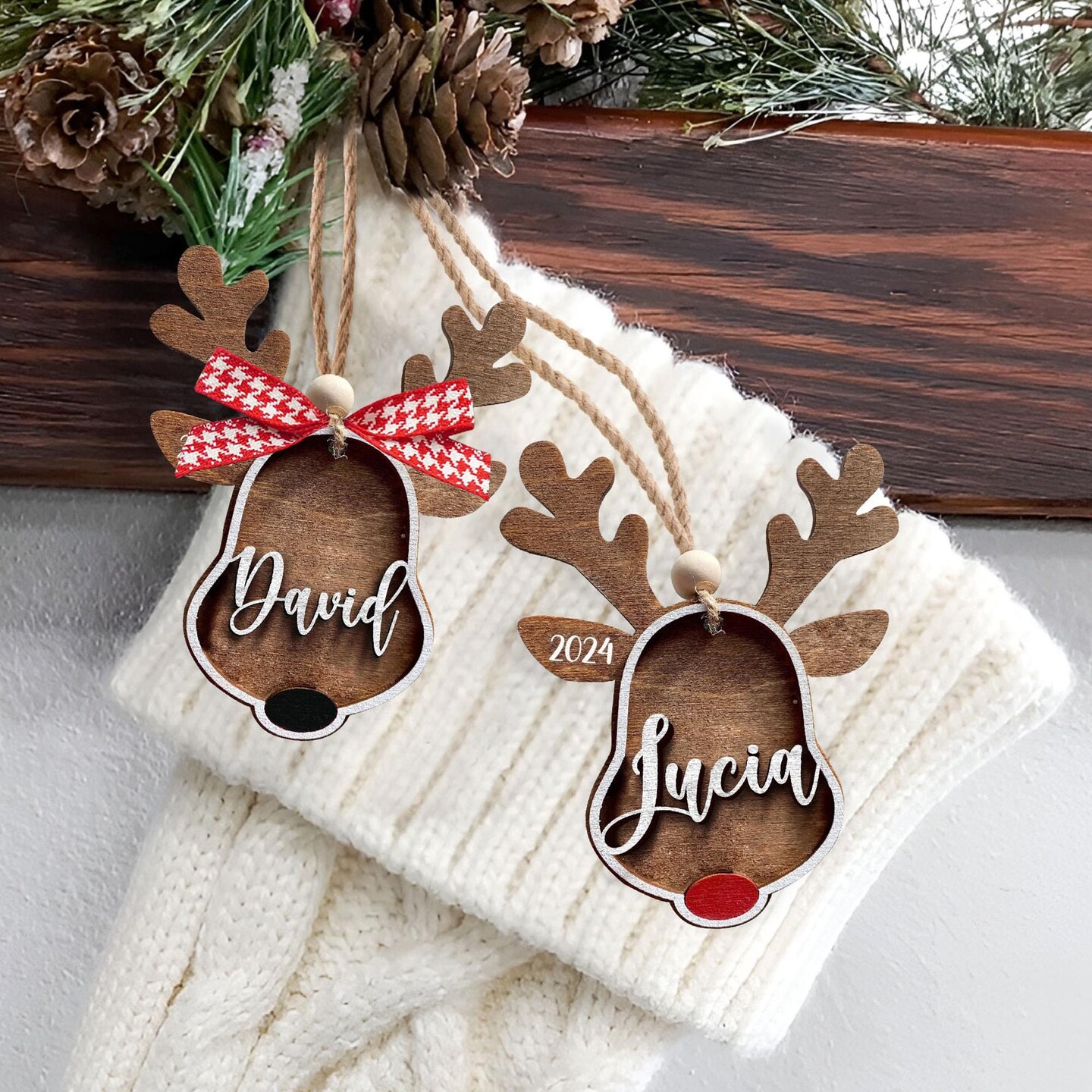 Reindeer Wooden Ornaments, Reindeer Stocking Tags, Family Ornament ...